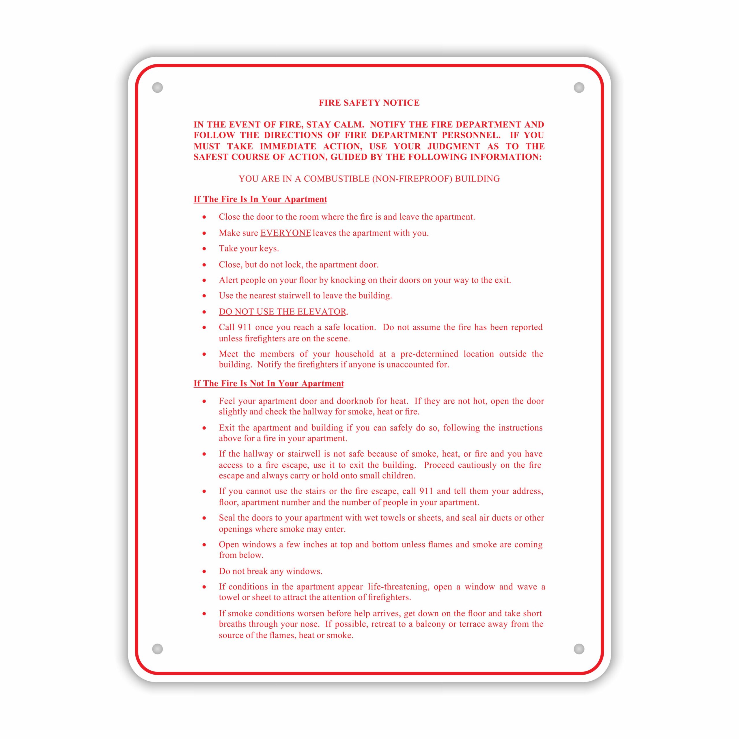 COMBUSTIBLE FIRE SAFETY NOTICE - My Sign Station